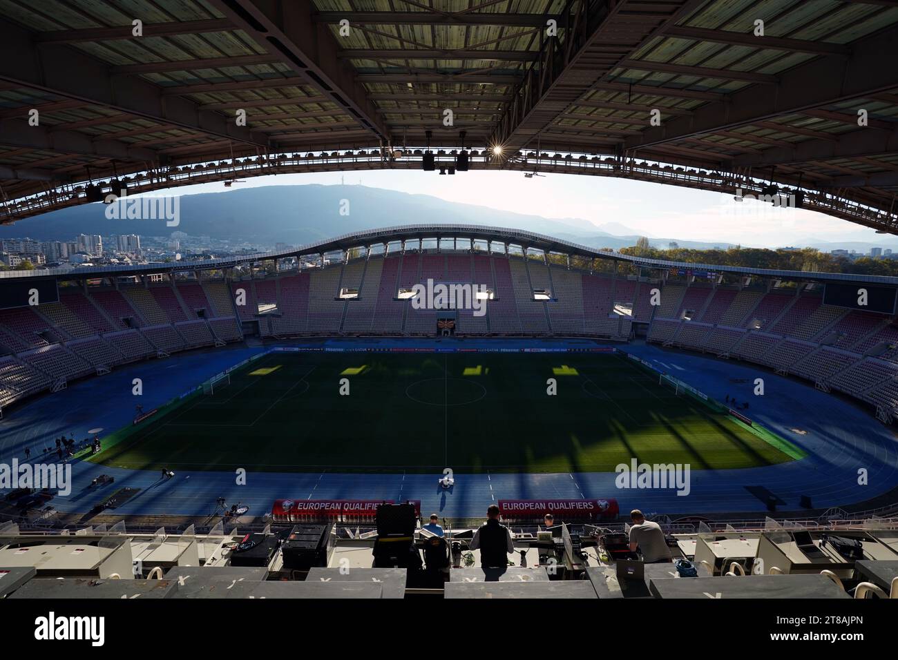 A general view of the pitch and tribunal ahead of a press conference at ...