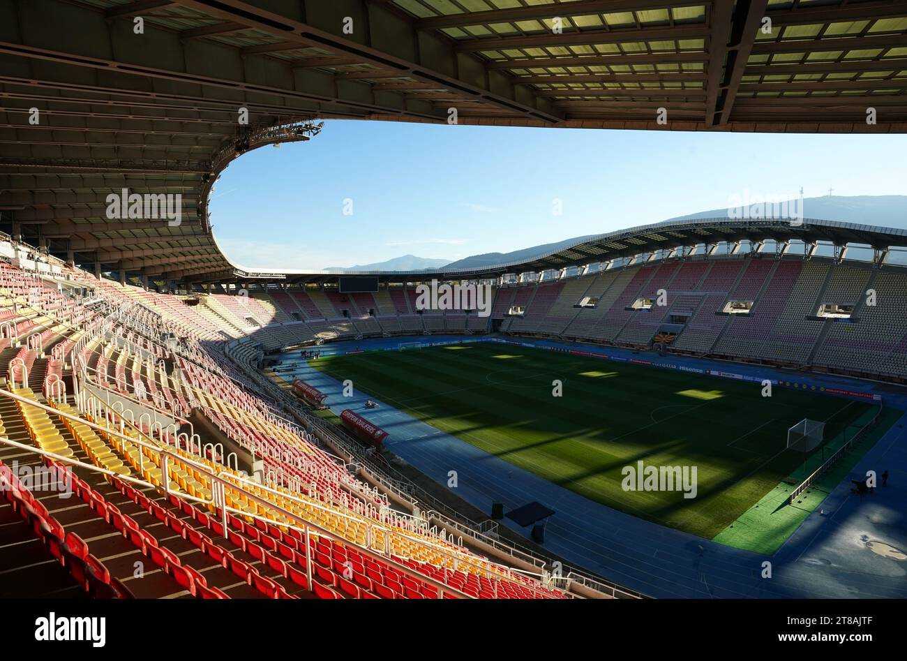 A general view of the pitch and stands ahead of a press conference at ...