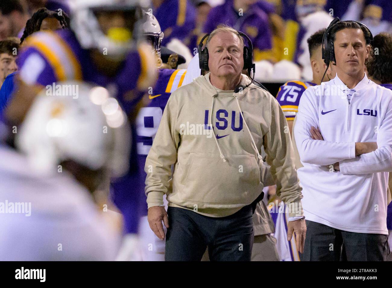 LSU head coach Brian Kelly, center, watches from the sideline during the second half of an NCAA ...