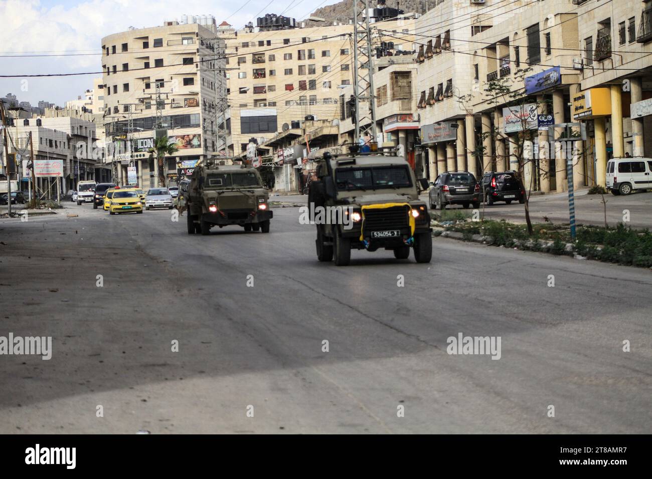 Nablus, Palestine. 19th Nov, 2023. Israeli military jeeps seen during a military operation in ...