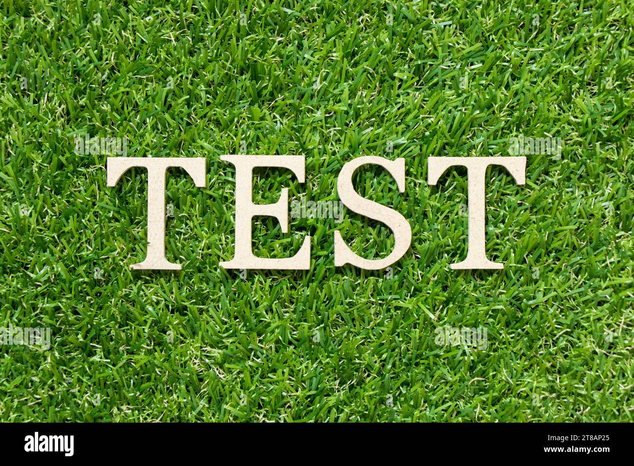 Wood letter in word test on green grass background Stock Photo - Alamy