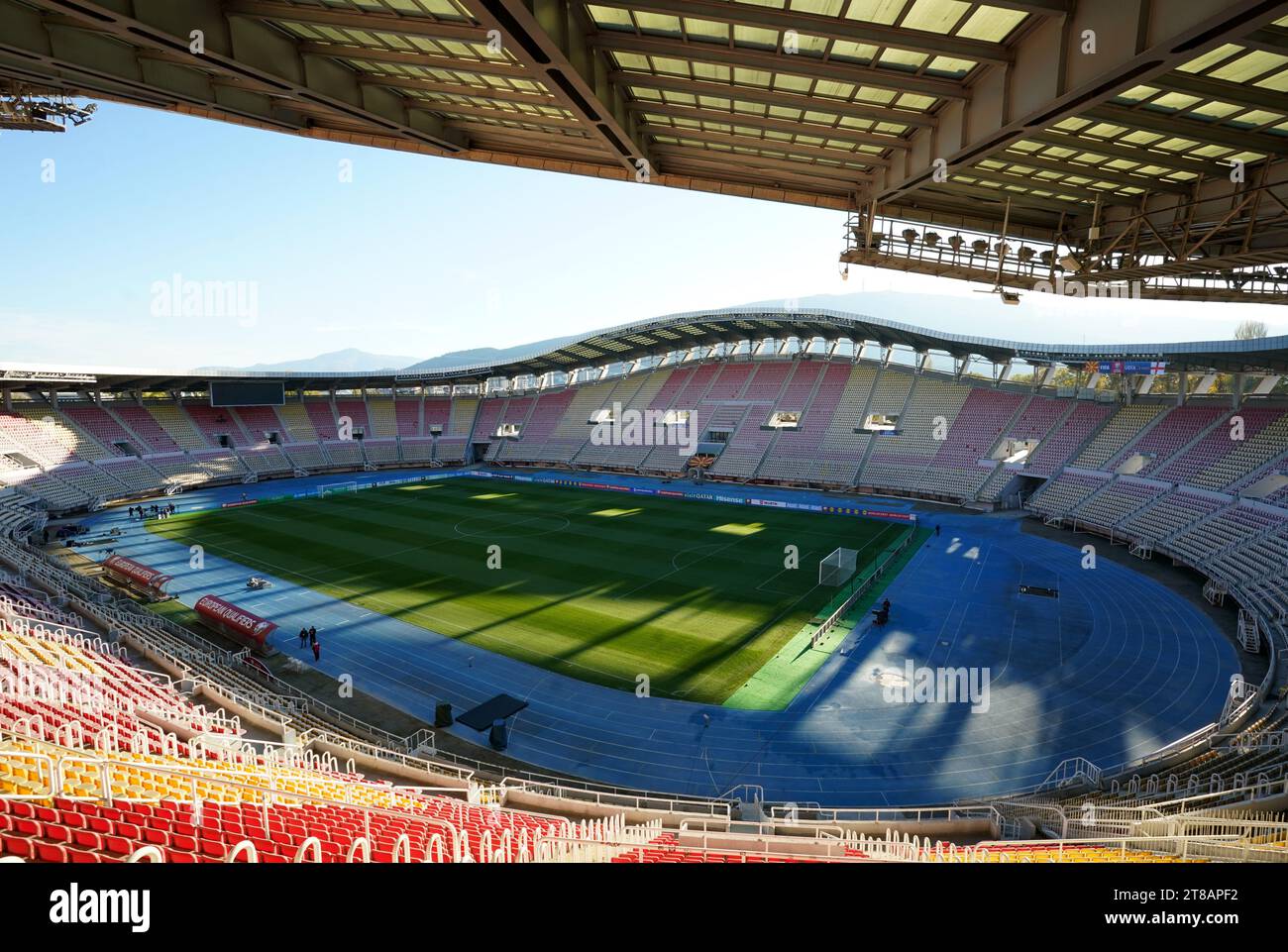 A general view of the pitch and stands ahead of a press conference at ...