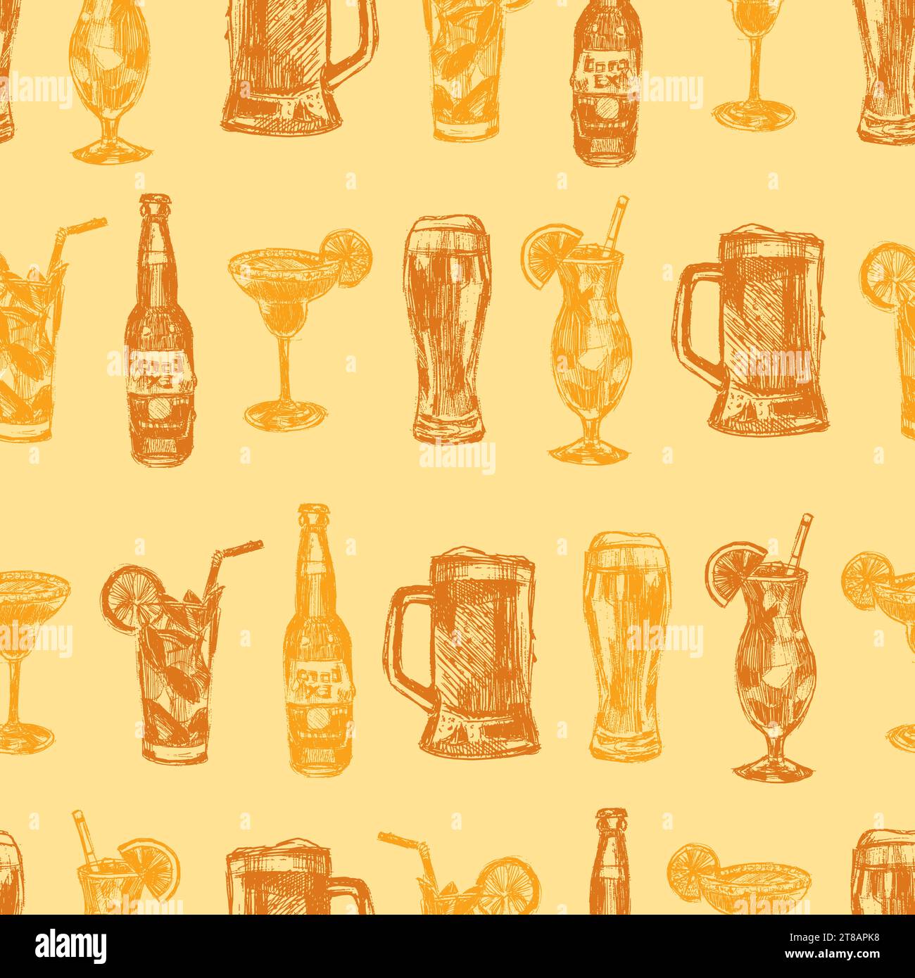 Vector rows of alcoholic drinks monochrome seamless repeat pattern with ...
