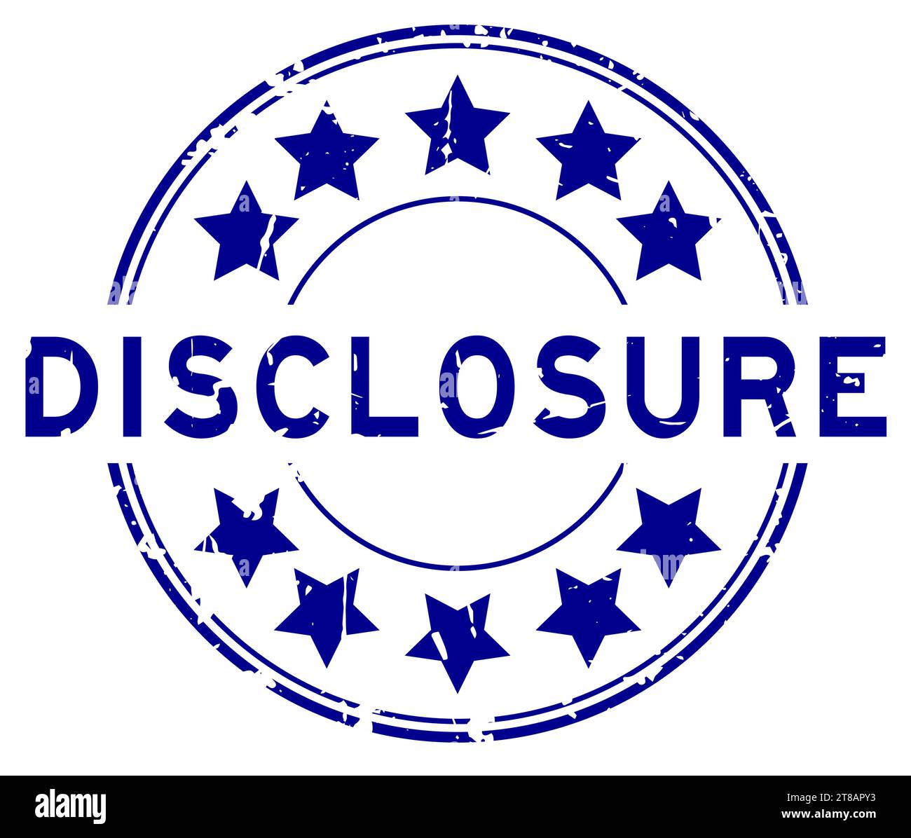 Grunge blue disclosure word with star icon round rubber seal stamp on ...