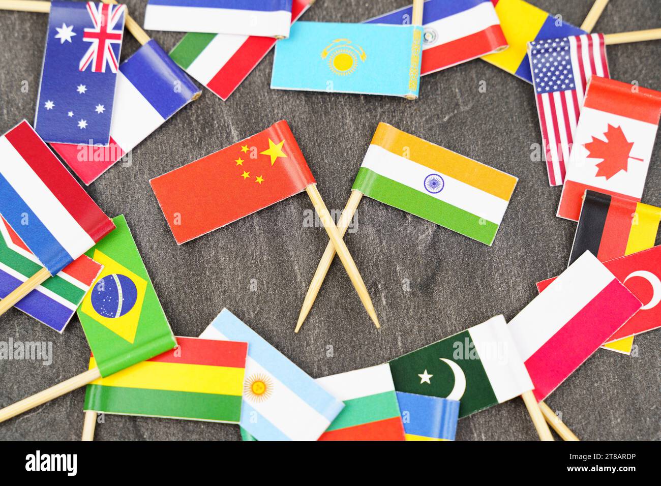 Policy. National flags of different countries. The concept is diplomacy ...