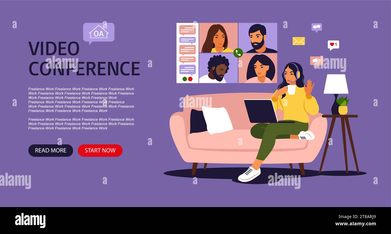 Video conference landing. People on computer screen talking with ...