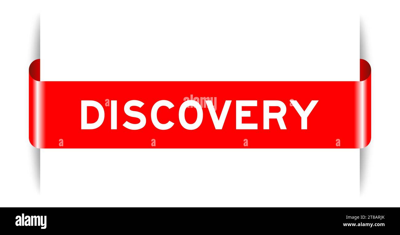 Red color inserted label banner with word discovery on white background ...