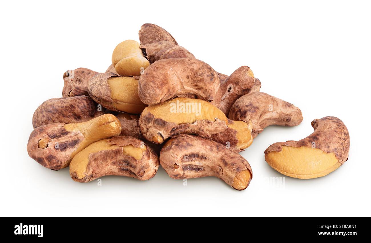 cashew nuts heap with shell isolated on white background Stock Photo ...