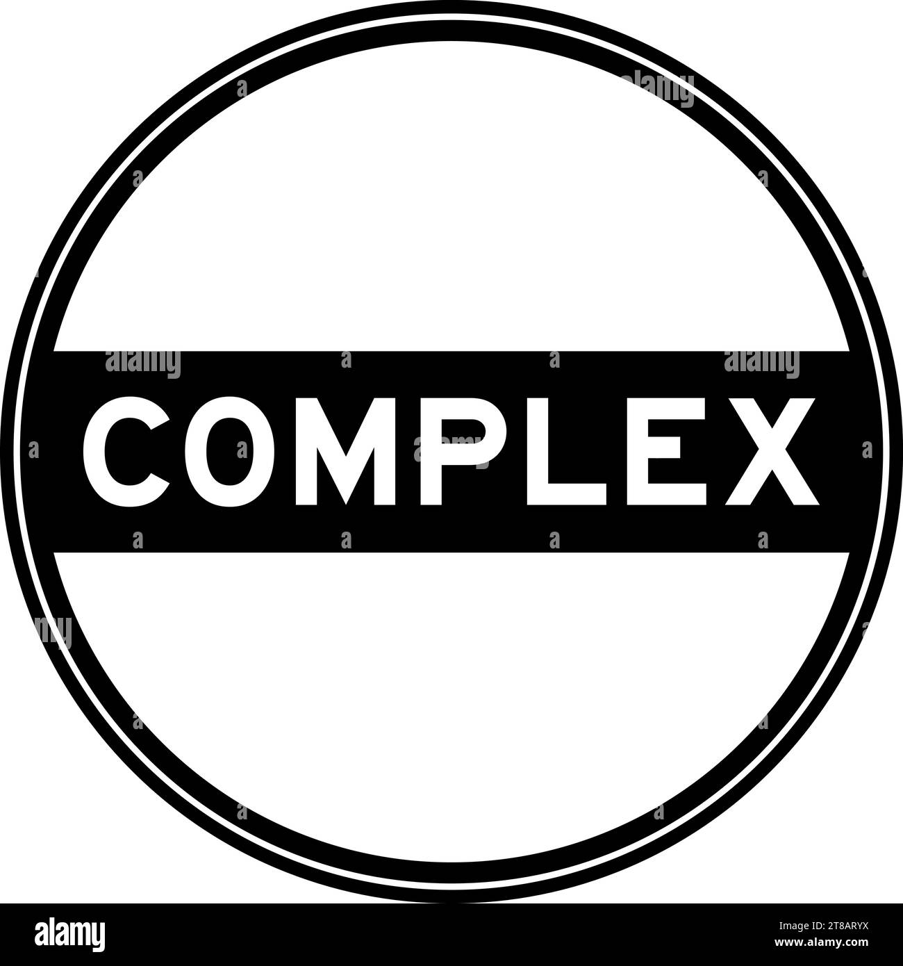 Black color round seal sticker in word complex on white background ...