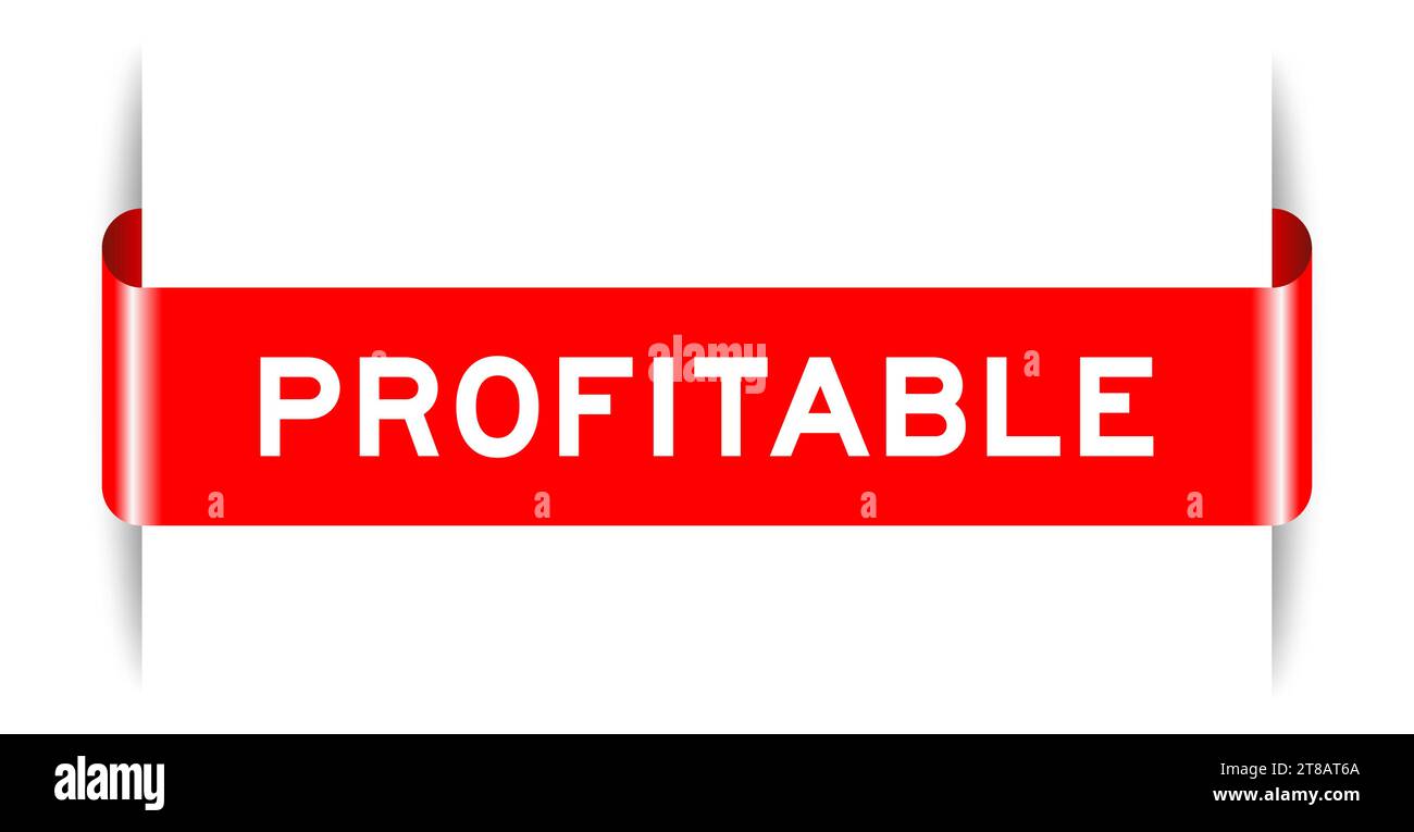 Red color inserted label banner with word profitable on white ...