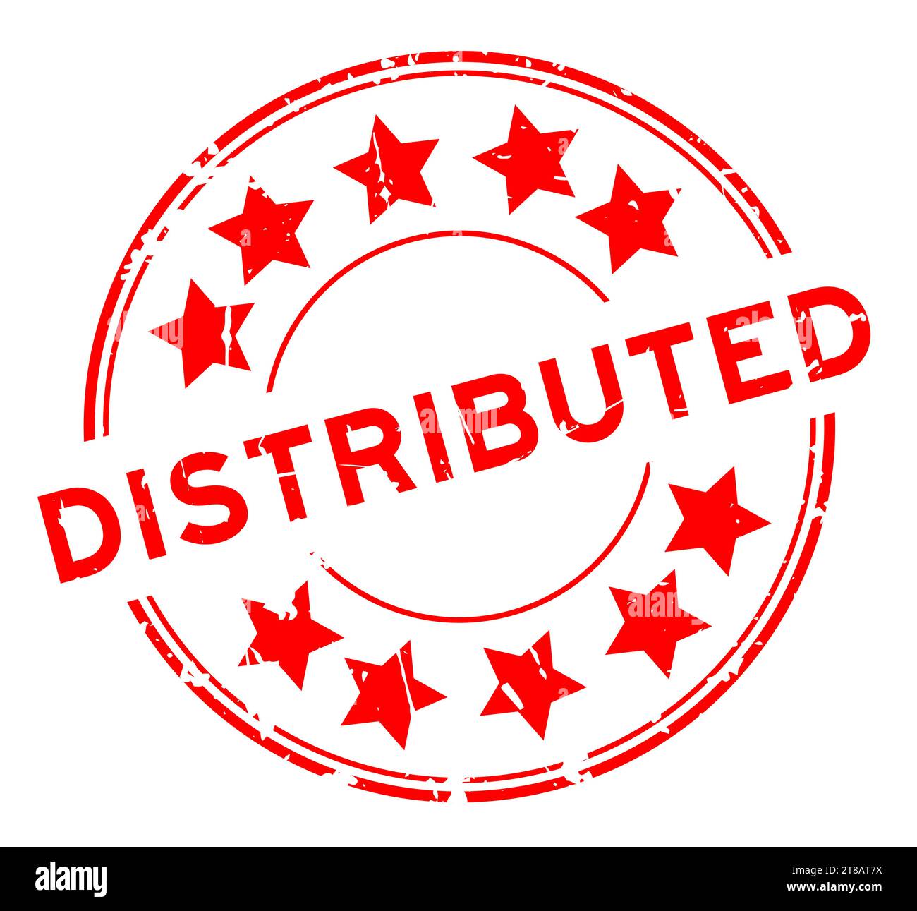 Grunge red distributed word round rubber seal stamp on white background ...