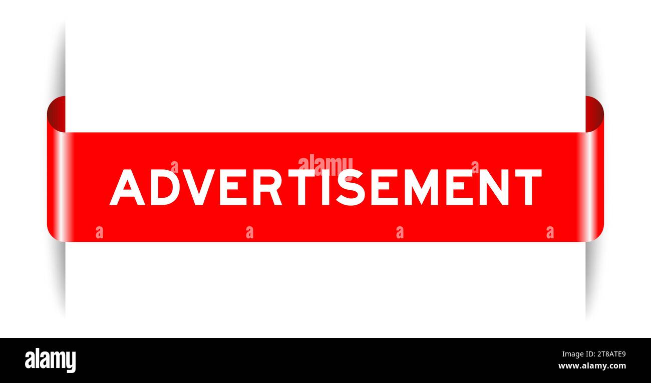 Red color inserted label banner with word advertisement on white ...