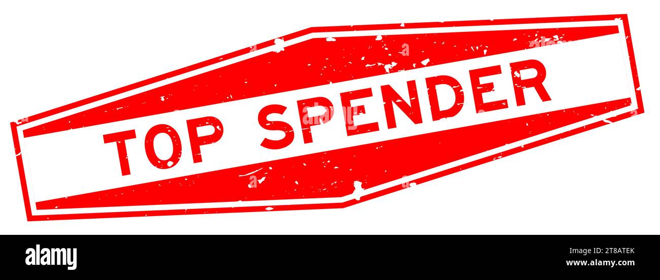 Grunge red top spender word hexagon rubber seal stamp on white ...