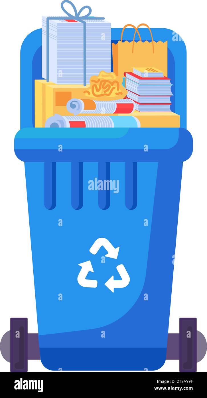 Open lid fulled container for storing, recycling and sorting used household paper waste. Blue ...