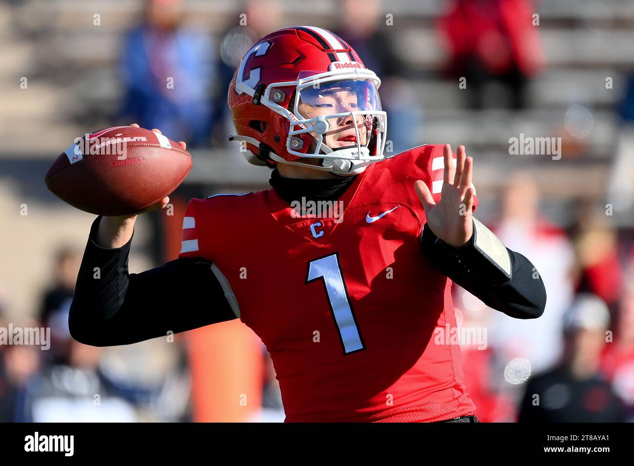 Ithaca, NY, USA. 18th Nov, 2023. Cornell Big Red quarterback Jameson Wang (1) passes the ball ...