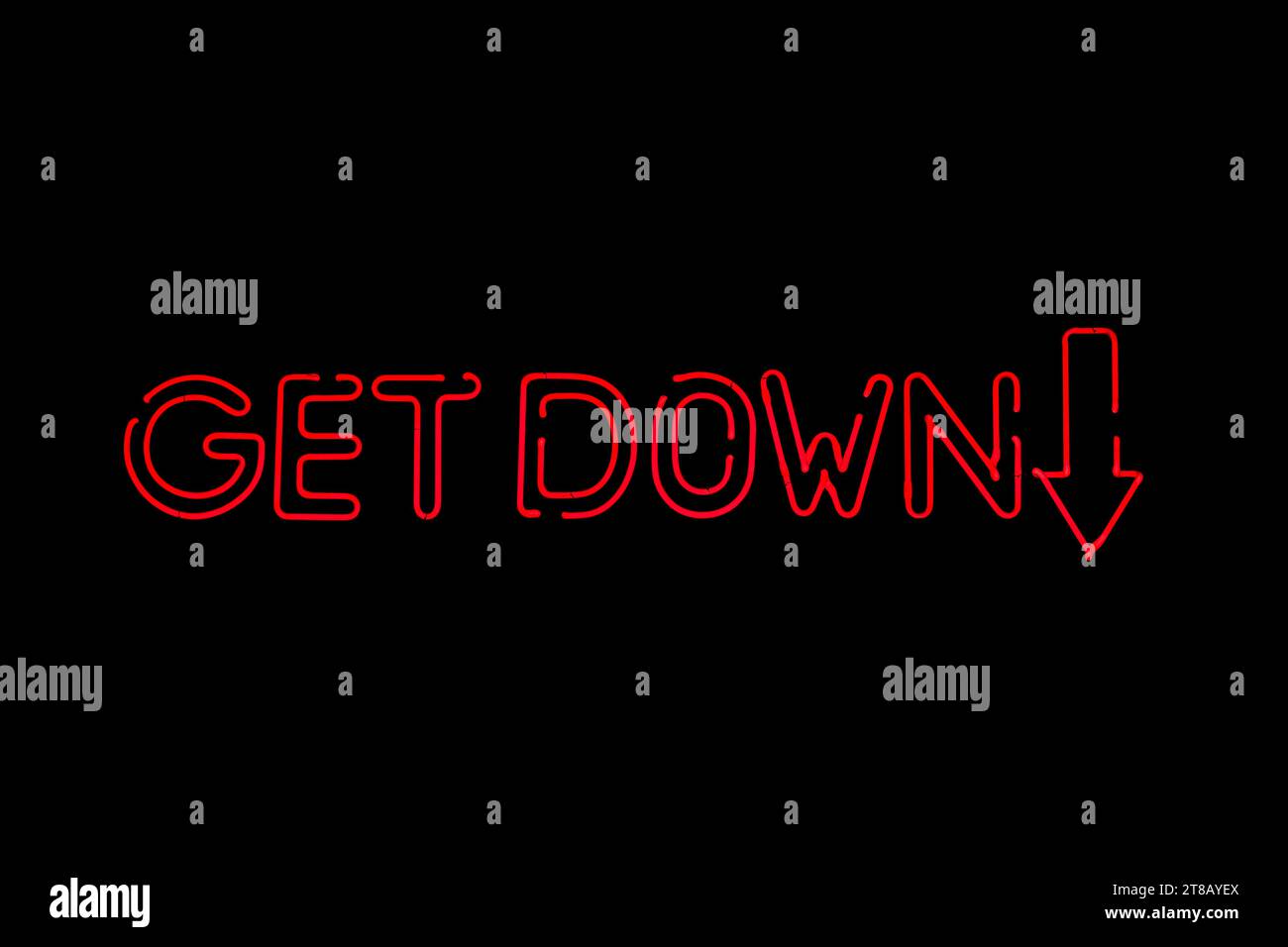 A red Get Down neon sign with an arrow pointing downwards on a black ...