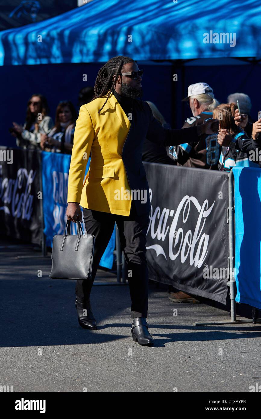 Carolina Panthers tight end Ian Thomas (80) arrives at Bank of America ...