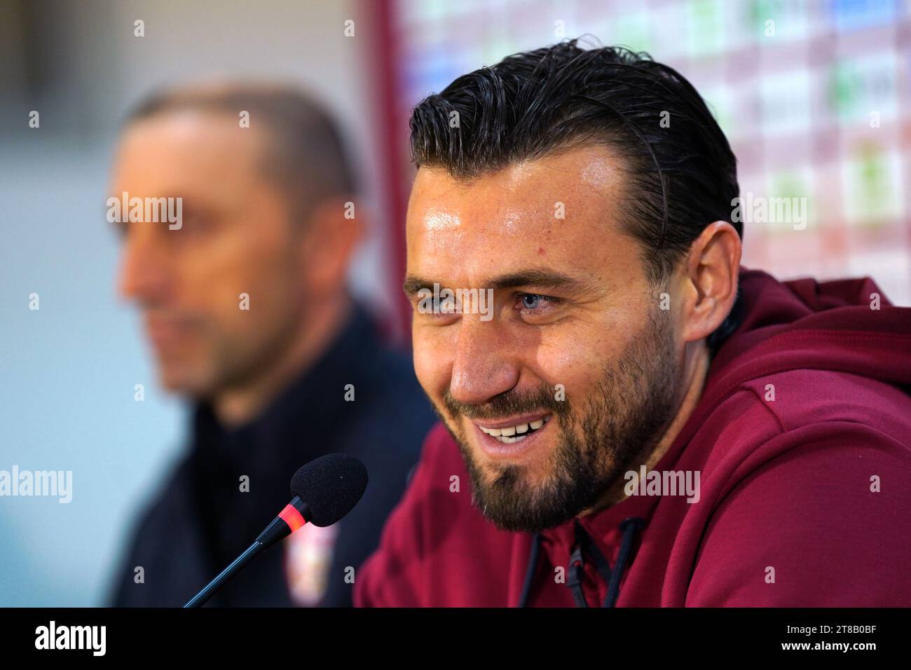 North Macedonia goalkeeper Stole Dimitrievski during a press conference ...