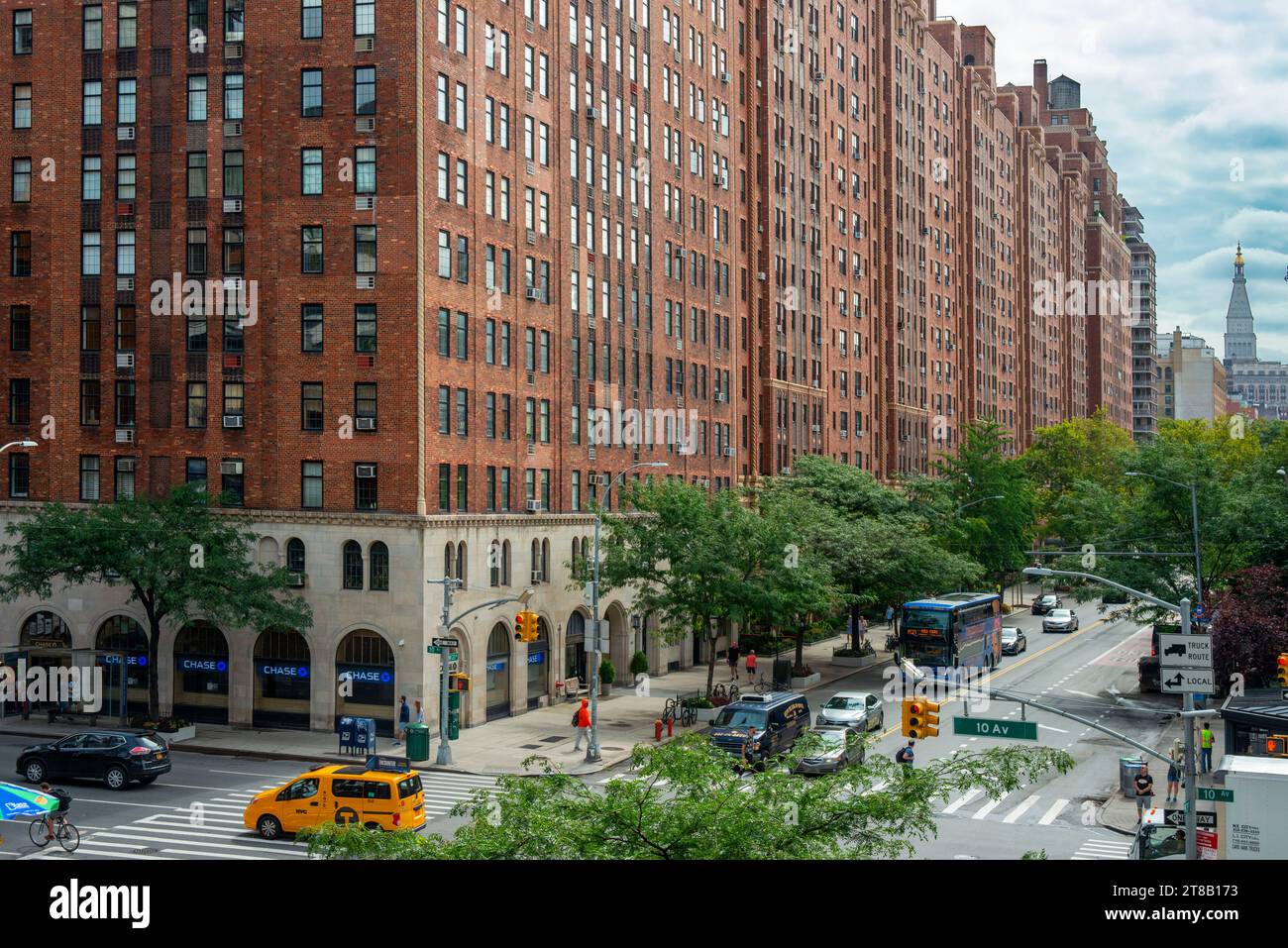 Aerial view of traffic street Chelsea neighborhood apartment buildings ...