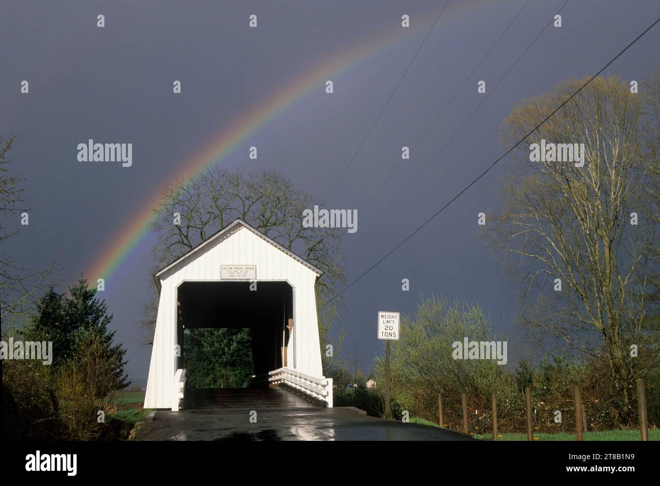 Gallon House Covered Bridge with rainbow, Marion County, Oregon Stock ...