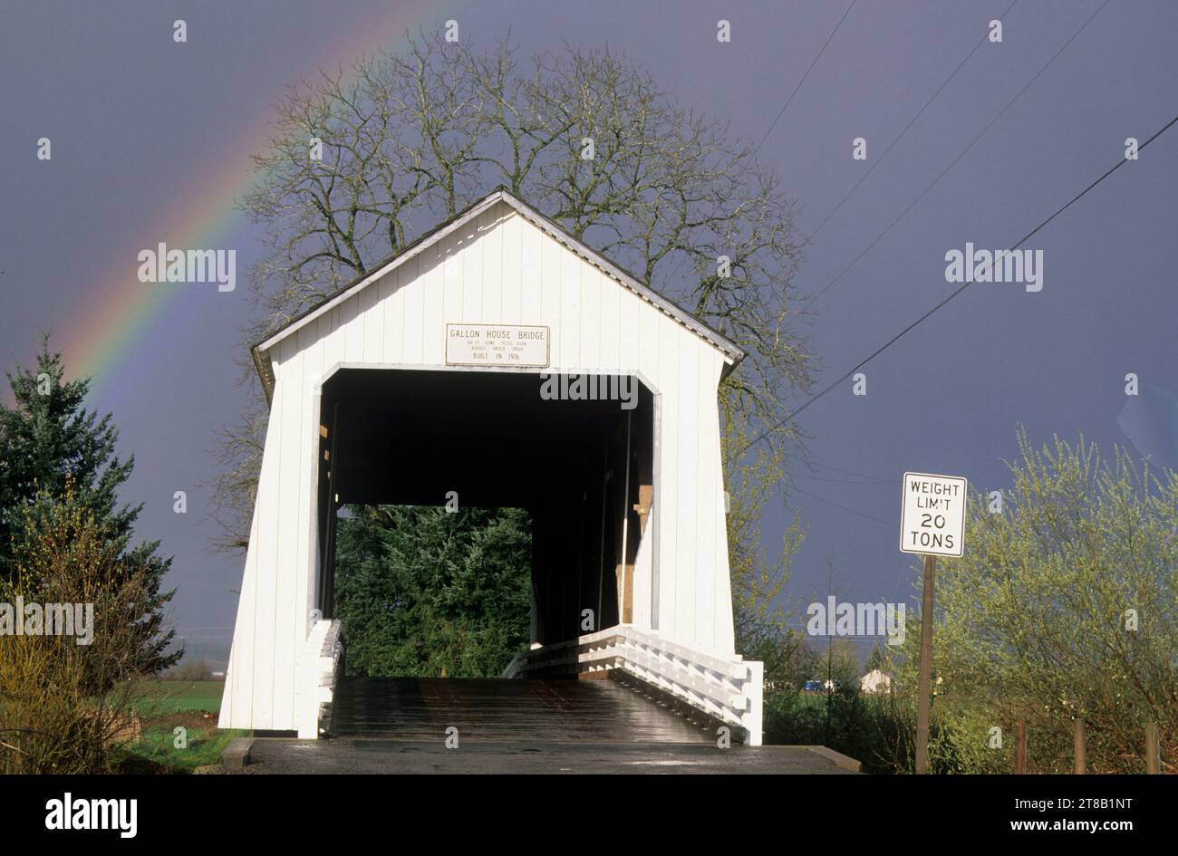 Gallon House Covered Bridge with rainbow, Marion County, Oregon Stock ...