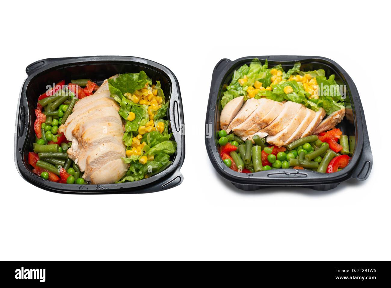 Ready food in a container. Stewed chicken, stewed vegetables. Isolated ...