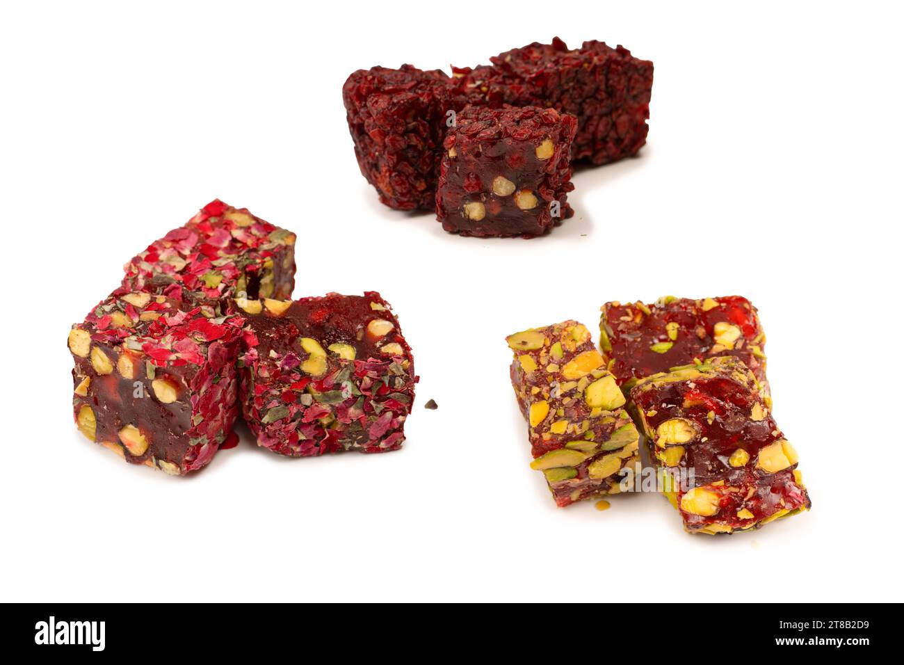 Sweet roll with roses and nuts, turkish sweets. Turkish rahat isolated ...