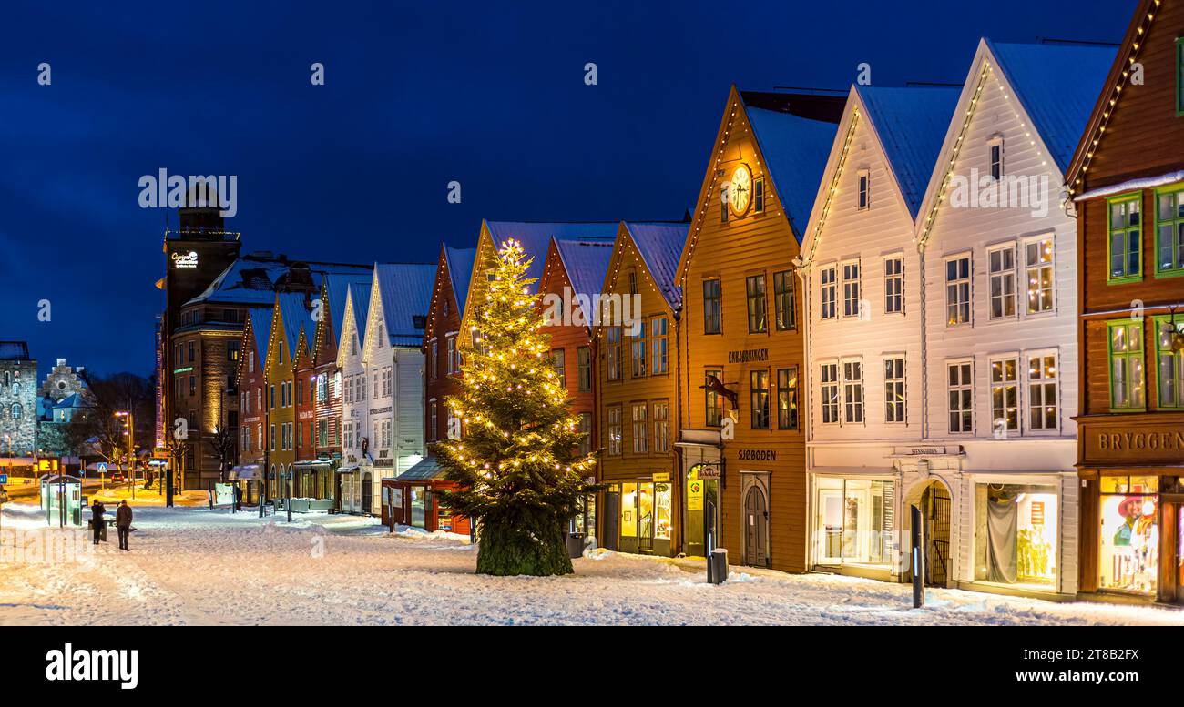 Christmas at Bryggen in Bergen, Norway. Bryggen is on the Unesco world ...