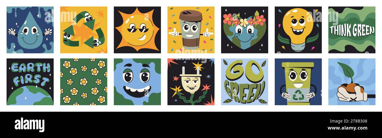 Square posters with funny cute characters of save the planet in trendy ...