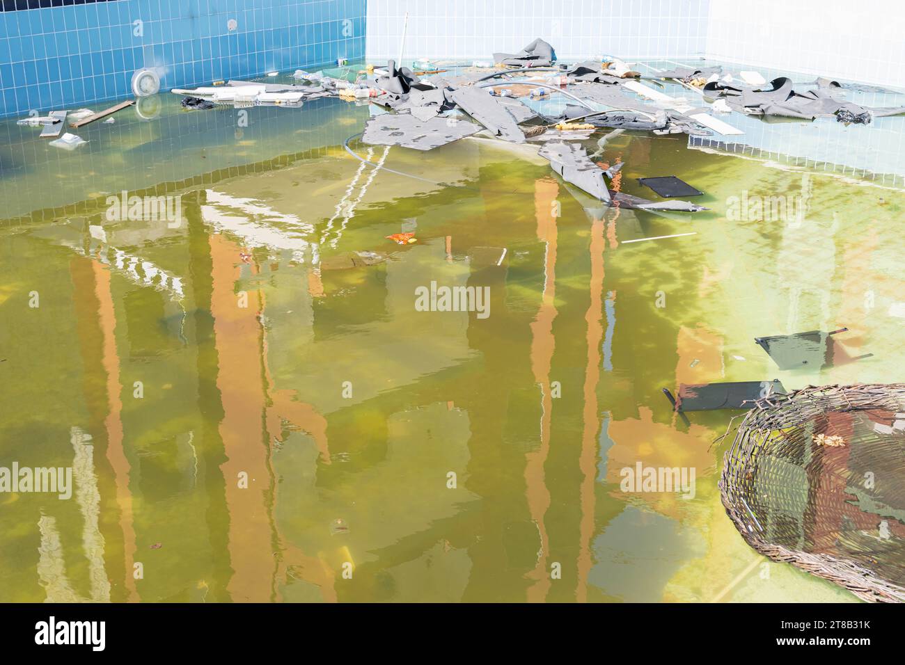 Pool damage, pool repair, ugly pool, dirty backyard pool Stock Photo ...