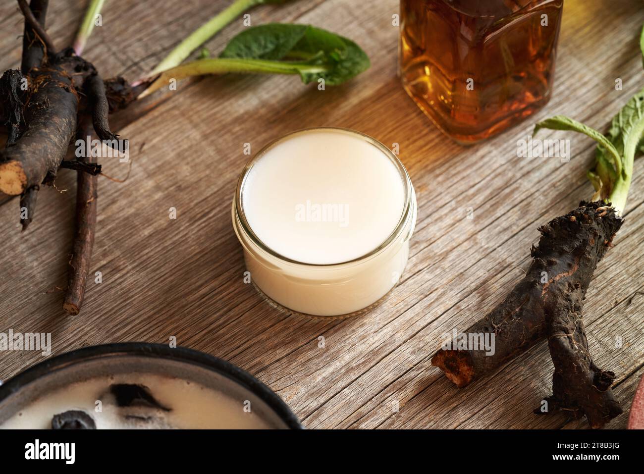 Comfrey root ointment made of rendered pork lard in a glass jar Stock ...