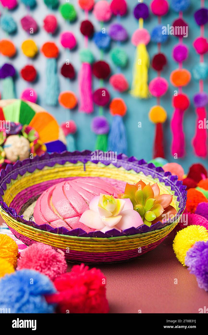 Pink Mexican Traditional Conchas Dessert in a Colorful Handmade Woven ...