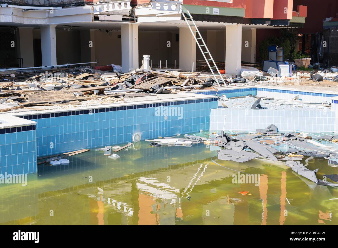 Pool damage, pool repair, ugly pool, dirty backyard pool Stock Photo ...