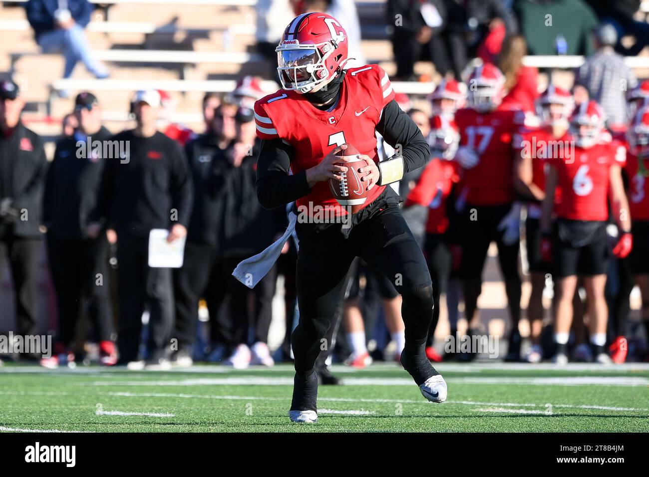 Ithaca, NY, USA. 18th Nov, 2023. Cornell Big Red quarterback Jameson Wang (1) looks to pass ...