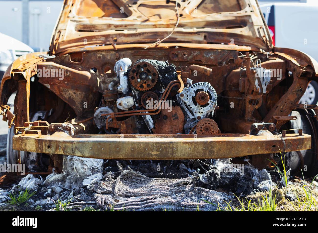 burnt engine in the car close-up. fire insurance concept Stock Photo ...