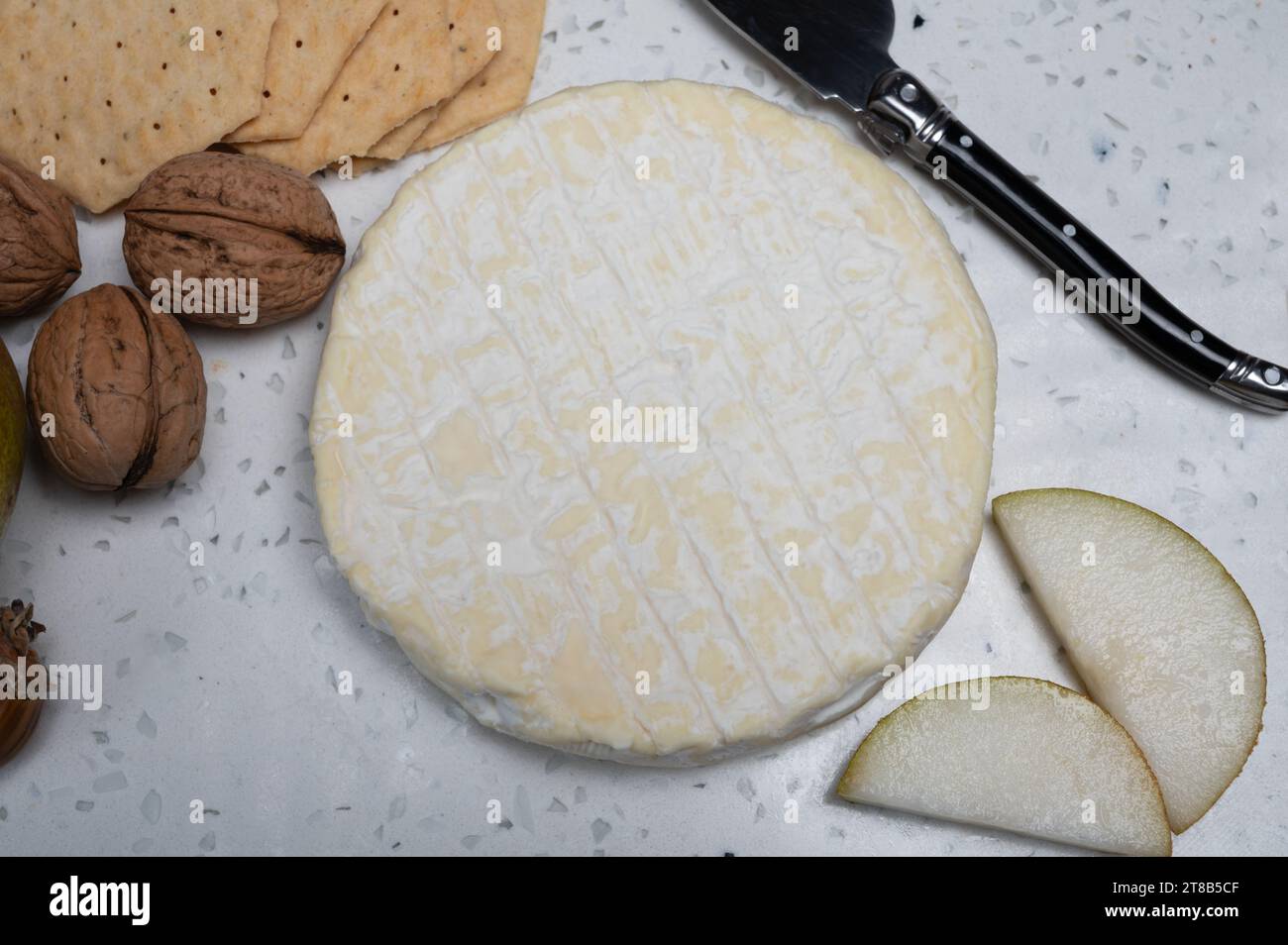 French soft Cremeux de Normandie cheese, soft creamy cheese with white ...
