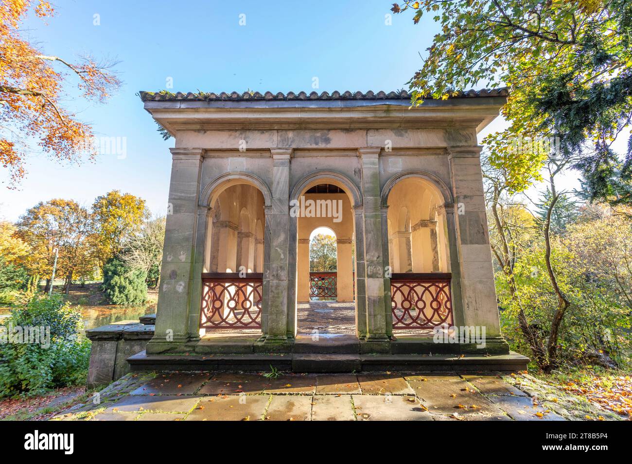 Exterior view of the Roman Pavilion and Boathouse in Birkenhead park ...