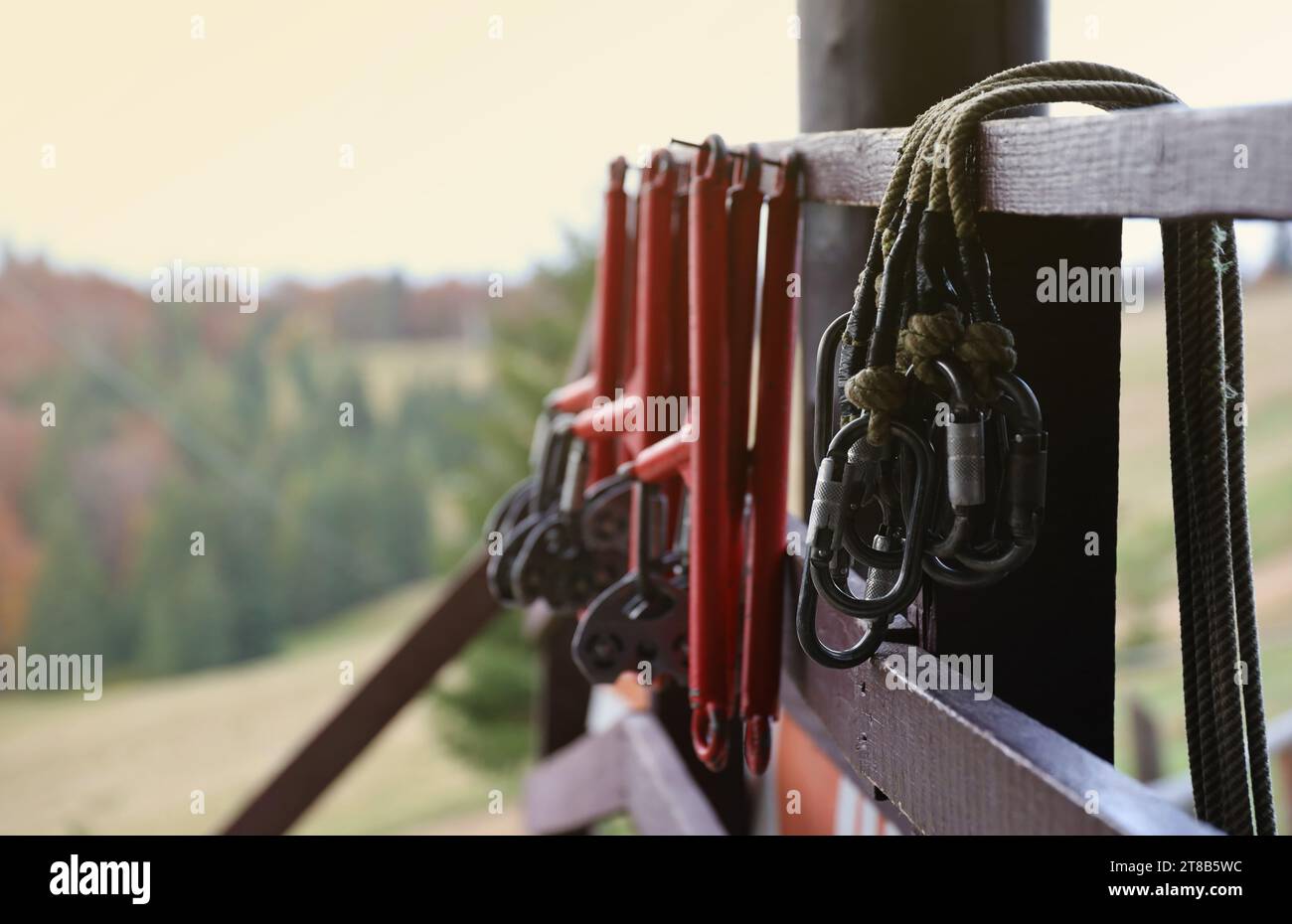 large metal locking carabiners with rope, climbing gear hanging on the ...
