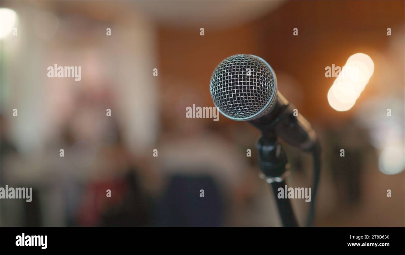Microphone on stage against a background of auditorium. Stage ...