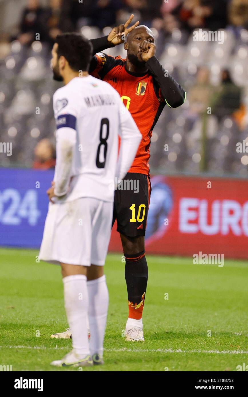 Belgium's Romelu Lukaku, right, celebrates after scoring his sides ...