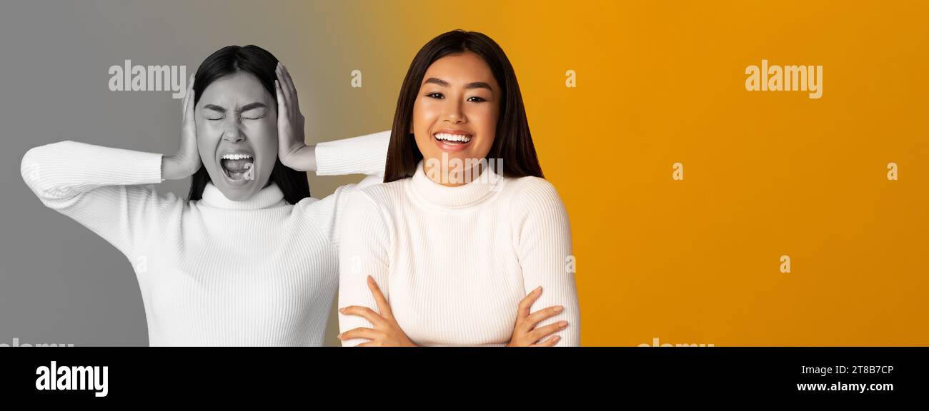 Mental Breakdown. Young asian woman expressing contrasting emotions ...