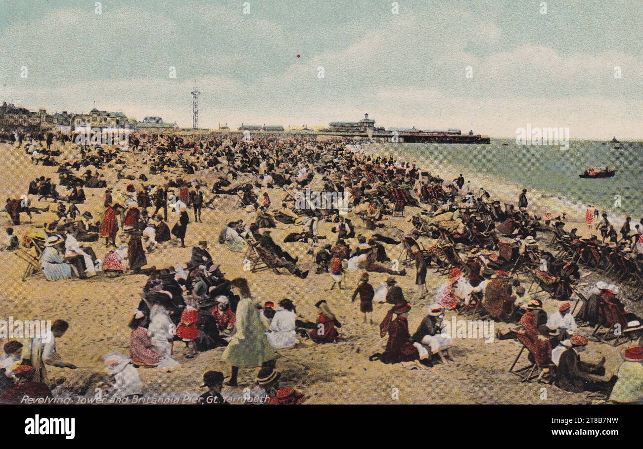 Vintage colour postcard of Great Yarmouth beach showing Revolving Tower ...