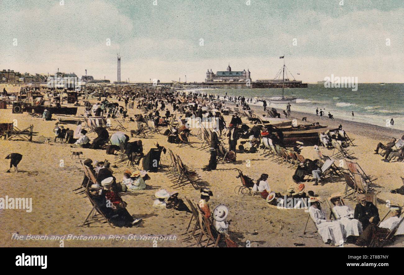 Vintage colour postcard of Great Yarmouth beach and Britannia Pier ...