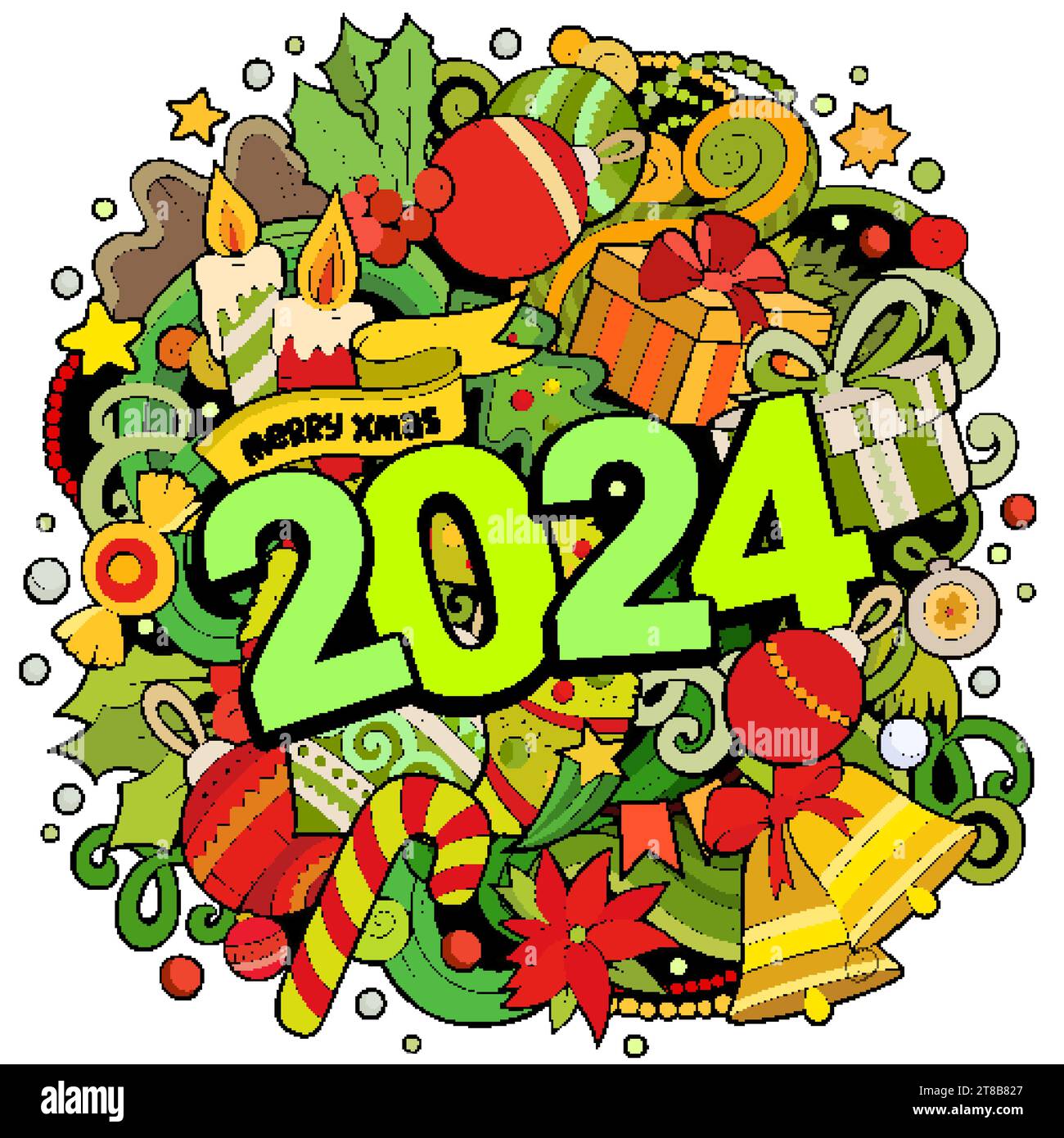 2024 doodles illustration. New Year objects and elements poster Stock ...