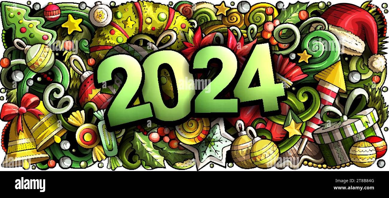 2024 doodles horizontal illustration. New Year objects and elements ...