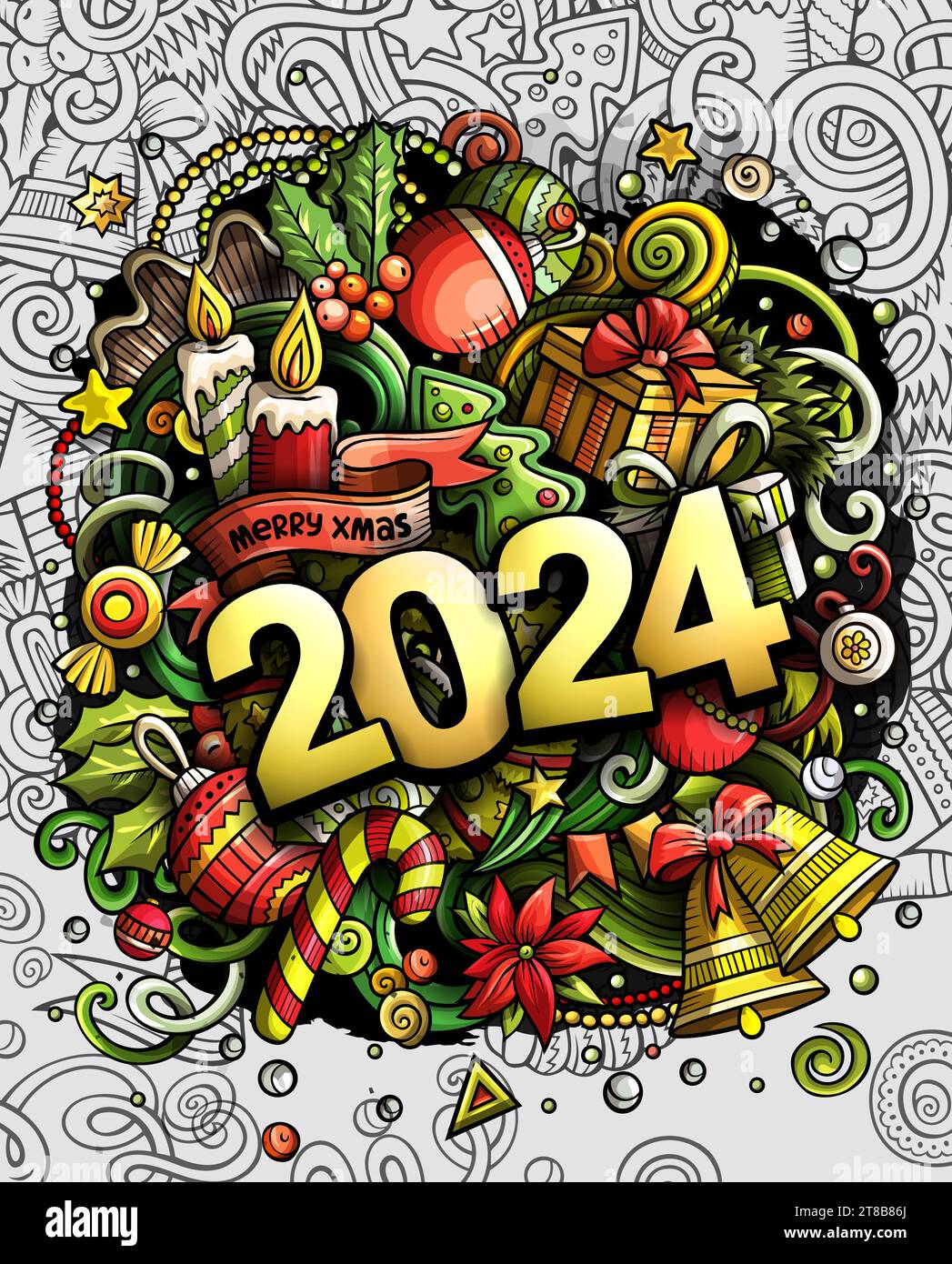 2024 doodles illustration. New Year objects and elements poster Stock ...