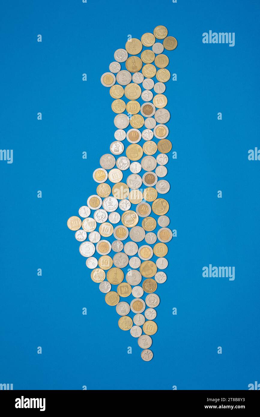 Israel's new shekel coins arranged to form the shape of the map of ...