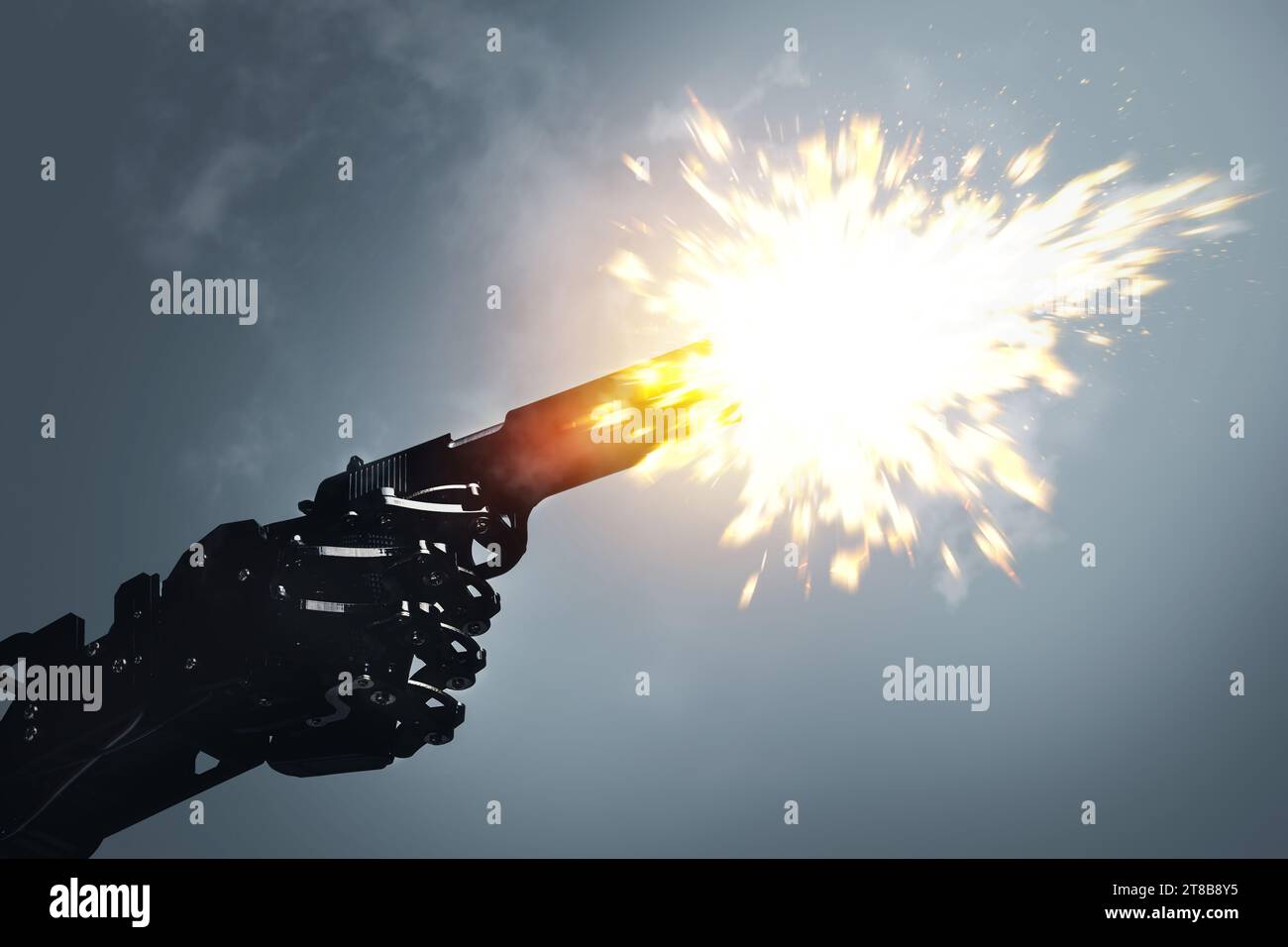 Real robot's hand with handgun. Concept of AI takeover and ...
