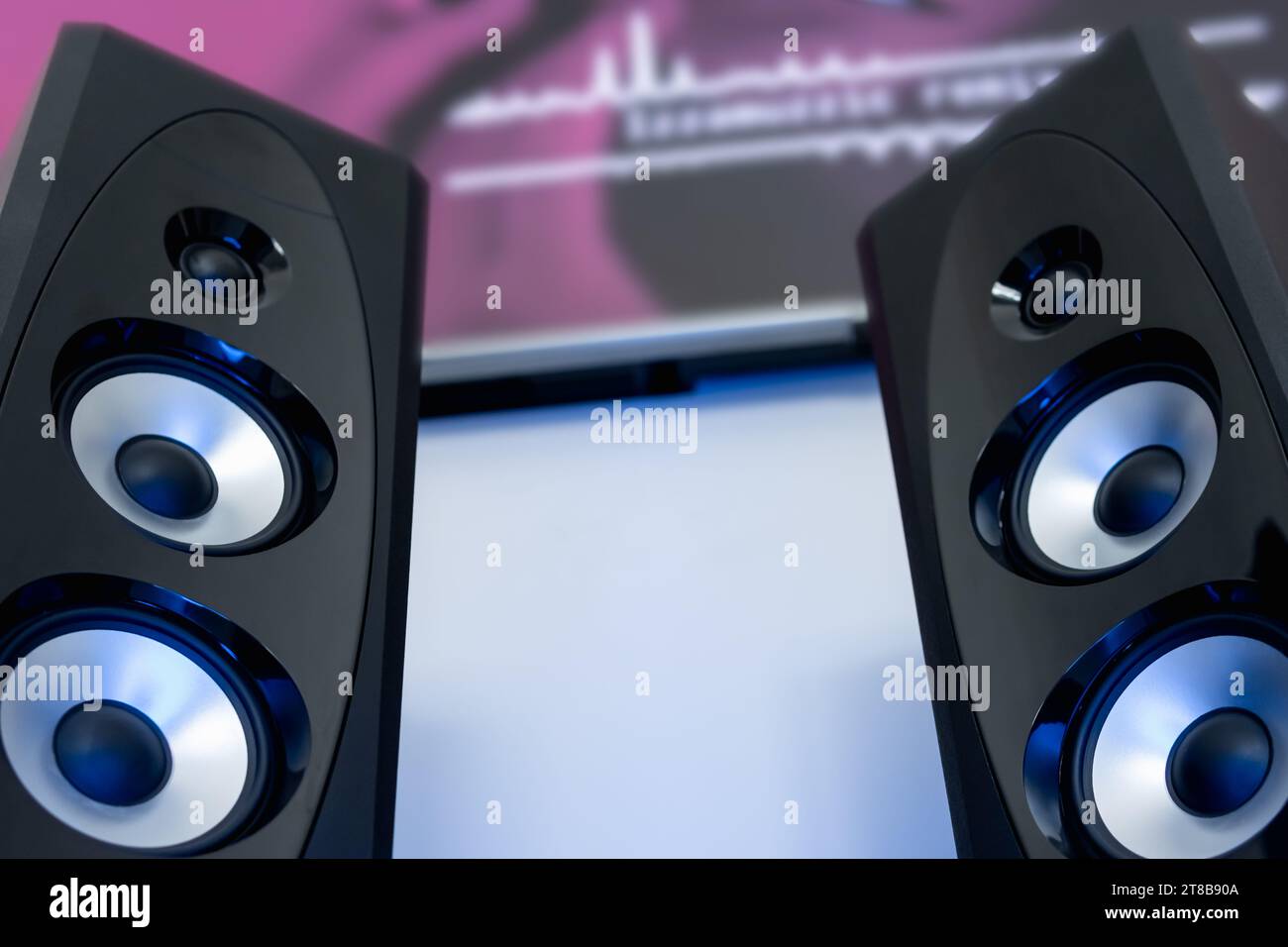 Two sound speakers with free space between them on a white background ...