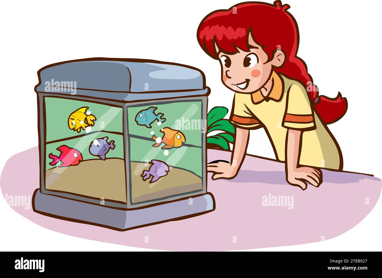 little cute girl looking at the fish in the aquarium cartoon vector ...